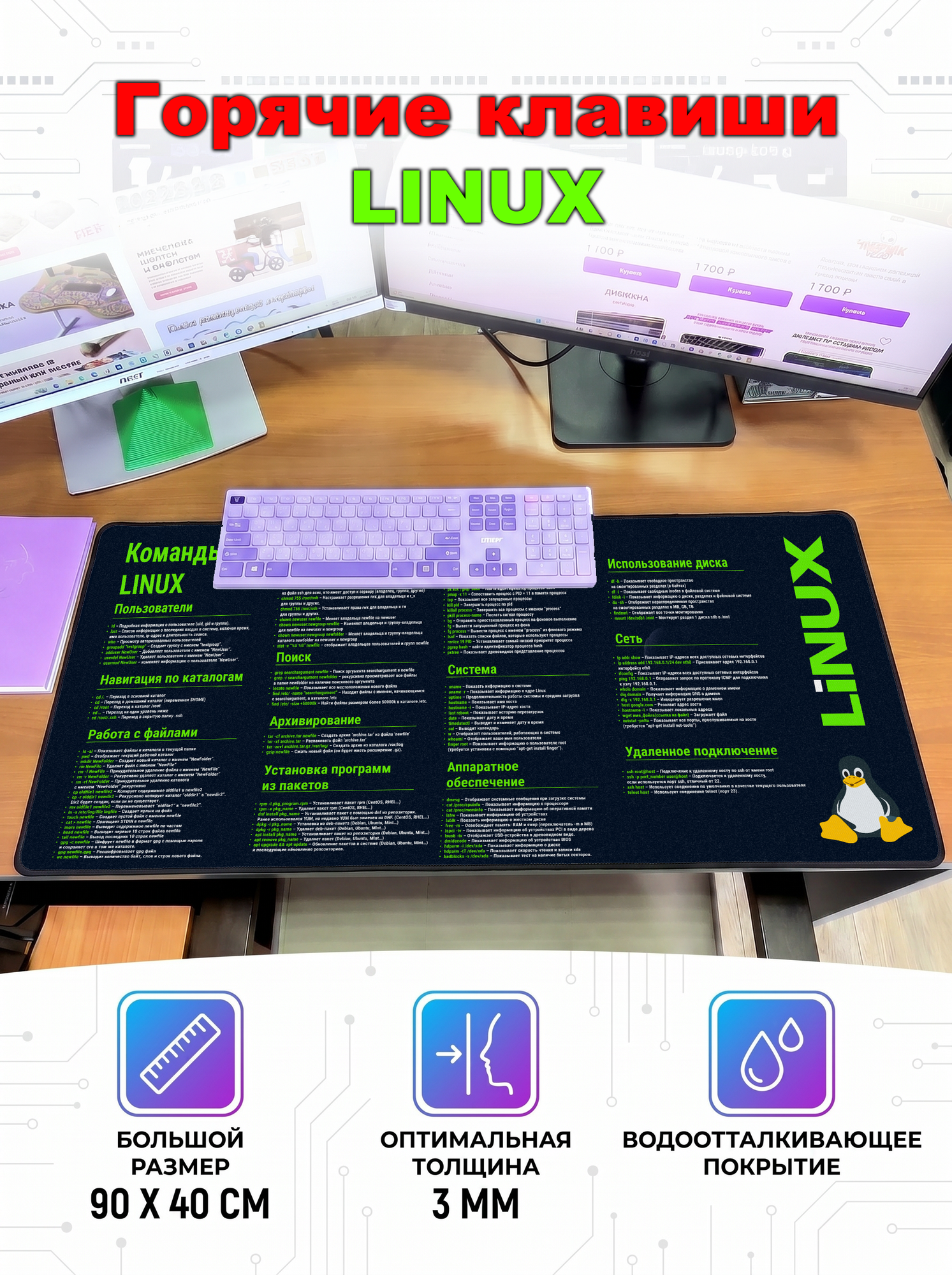 Игровой коврик kovrik-komp "linux главные команды на русском", нескользящий, водонепроницаемый для мыши