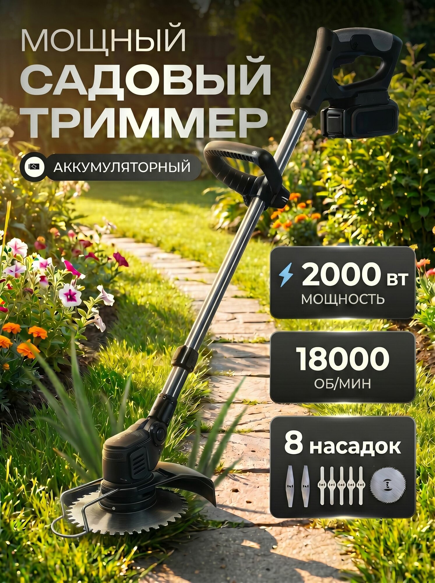 Триммер аккумуляторный садовый с двумя аккумуляторами, газонокосилка ручная 20000 об. мин