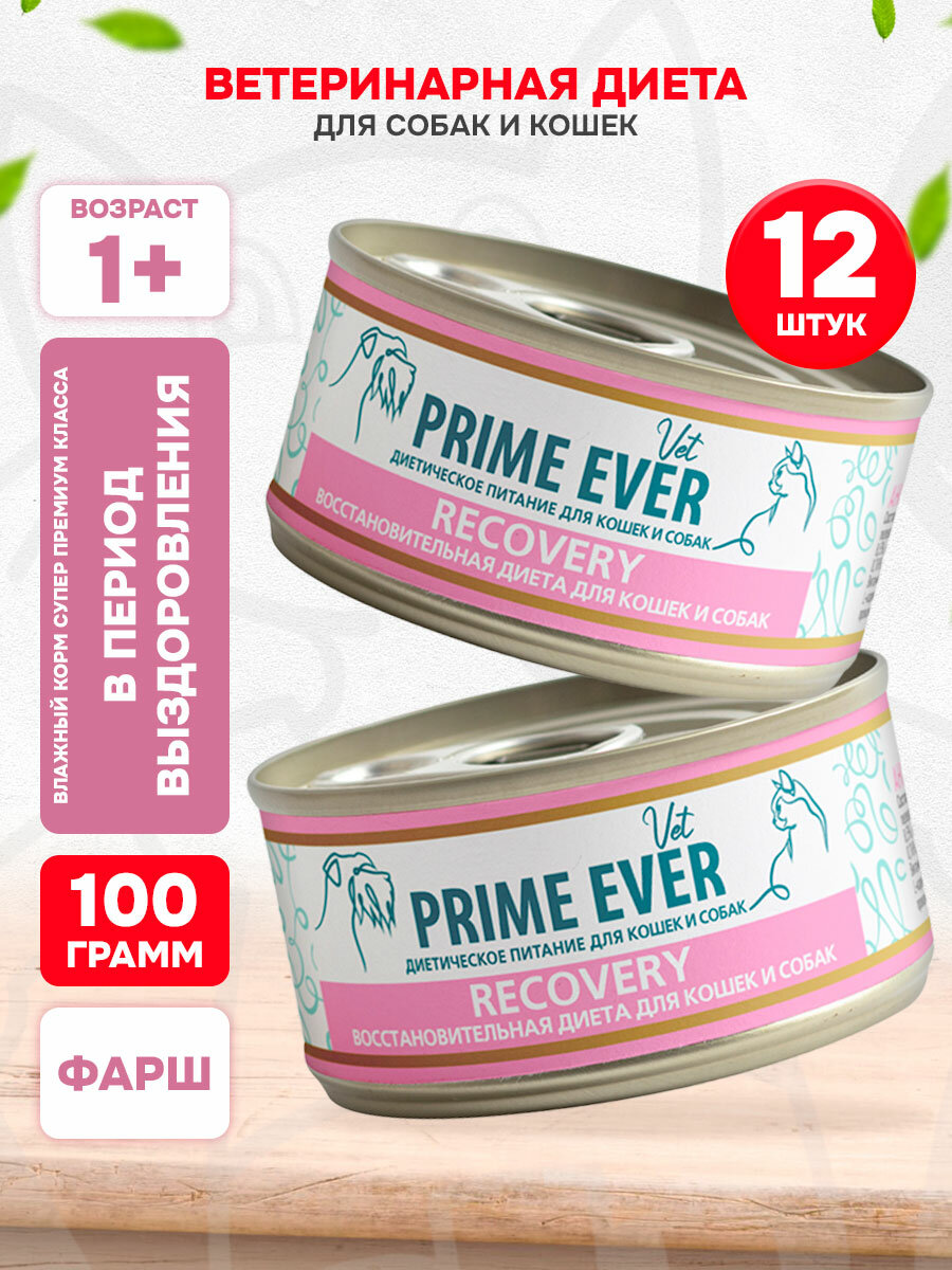 Корм влажный Prime Ever Vet Recovery Support для собак и кошек в период анорексии, восстановления, 100 г х 12 шт