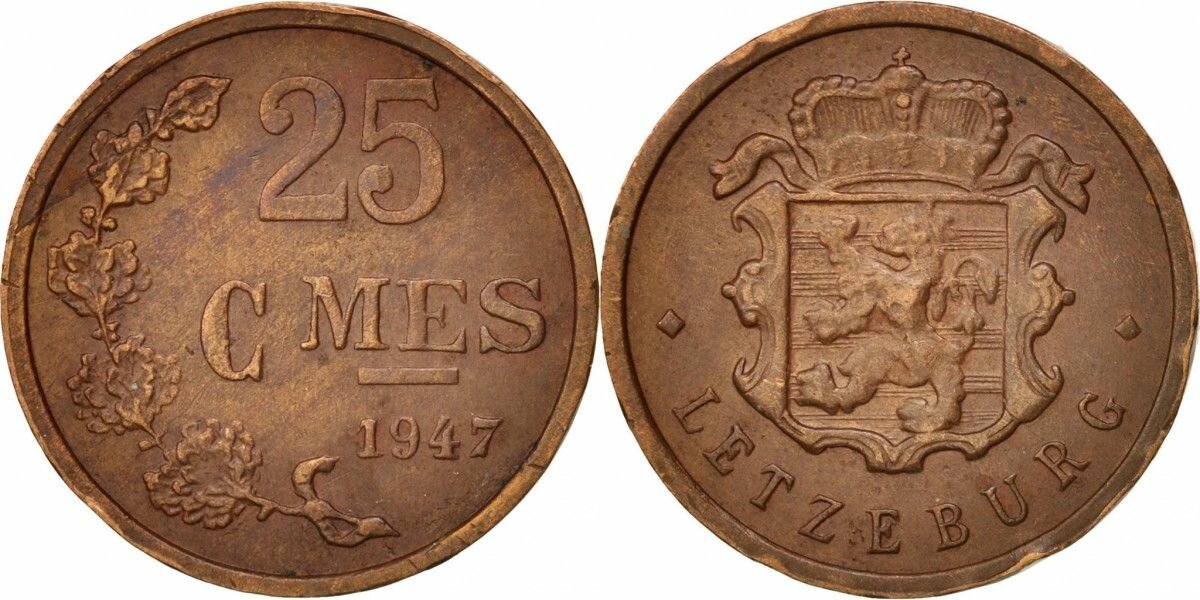 Люксембург 25 сантимов, 1946 - 1947 Герб XF