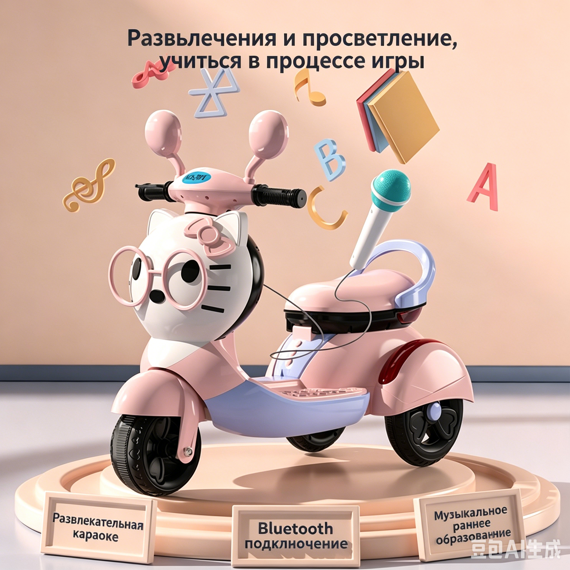 Детский электрический трицикл-мотоцикл с пультом управления, большой аккумулятор 6,7 Ач, музыка и световые эффекты