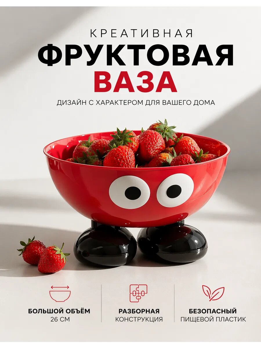 Фруктовница с глазами красная миска для фруктов декор, диаметр 18 см, 1 шт