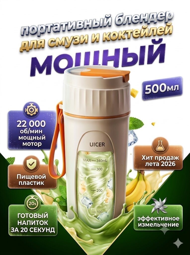 Портативный блендер GROOVIER, беспроводной, для смузи и коктейлей, синий