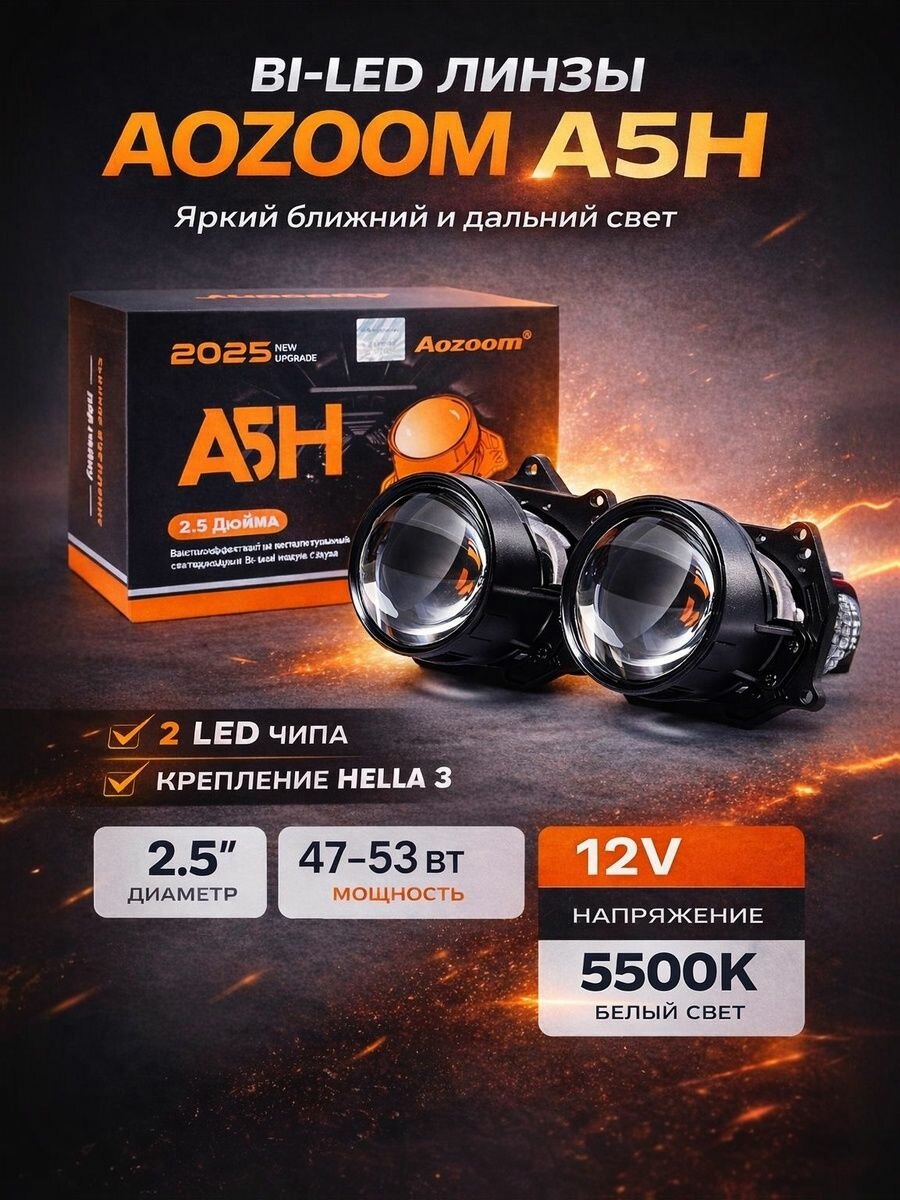 Aozoom A5H 2025 Светодиодные bi led линзы в фары 2.5 дюйма, 2 чипа