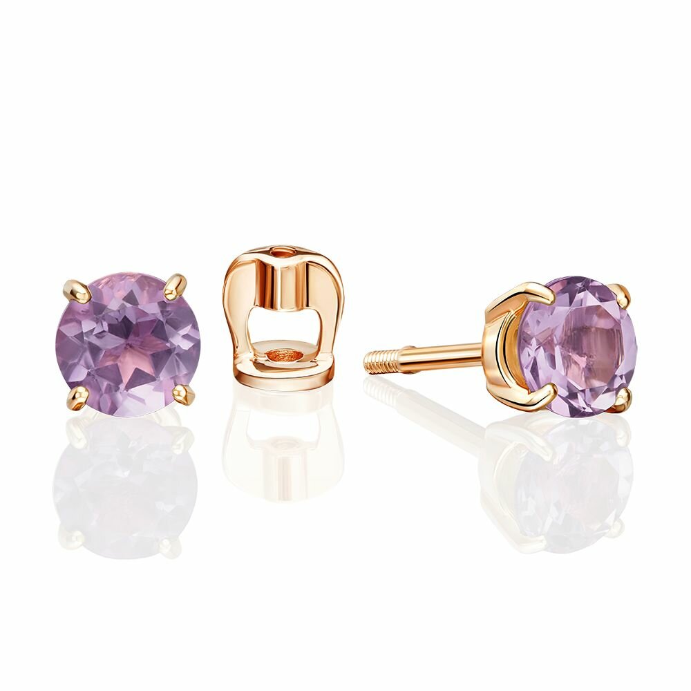 Серьги пусеты, красное золото, 585 проба, аметист