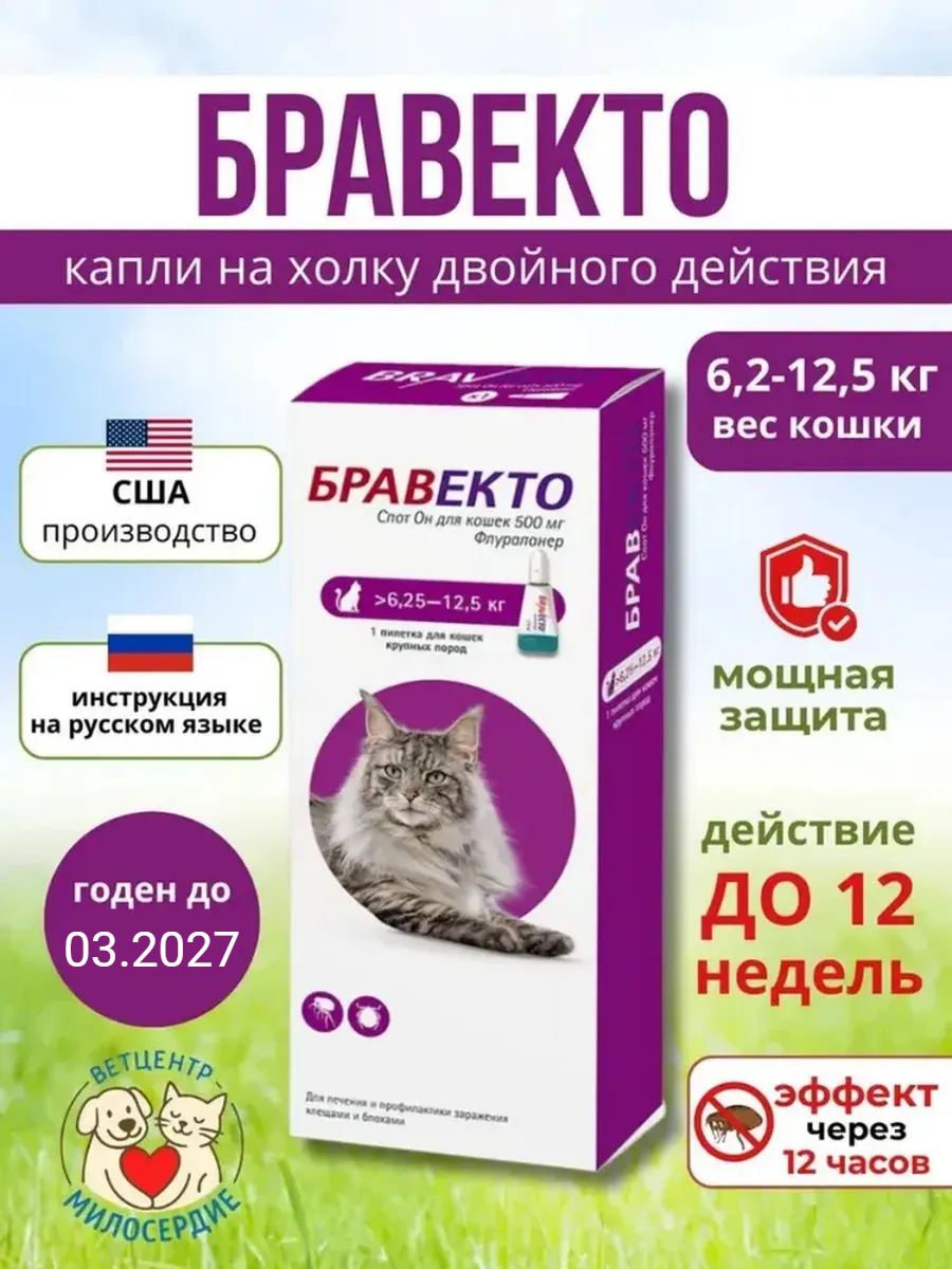 Бравекто Спот он 500 мг для кошек капли на холку от блох и клещей 1 пипетка MSD