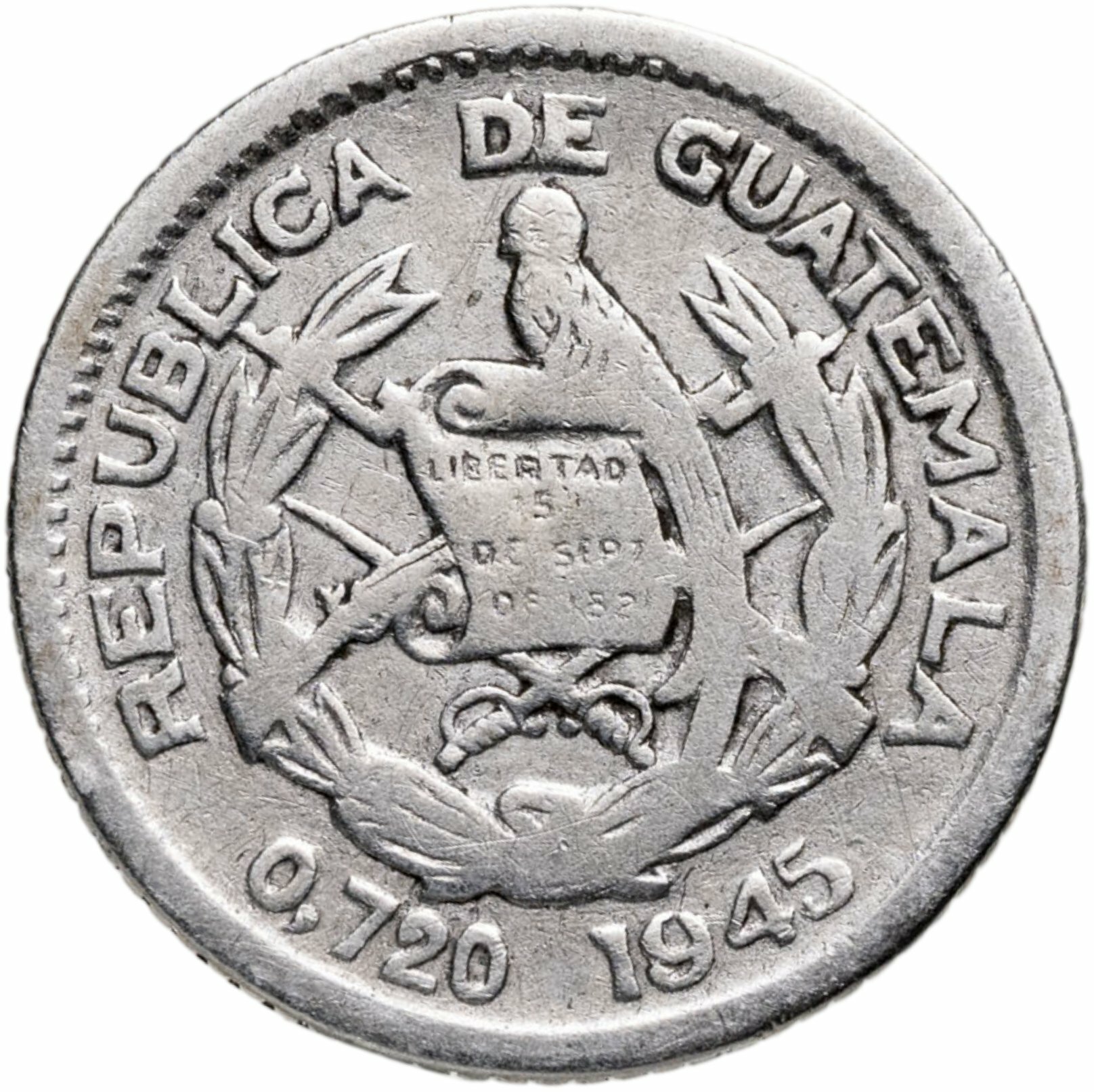 Гватемала 5 сентаво centavos 1945, Серебро 720, в сохранности VF