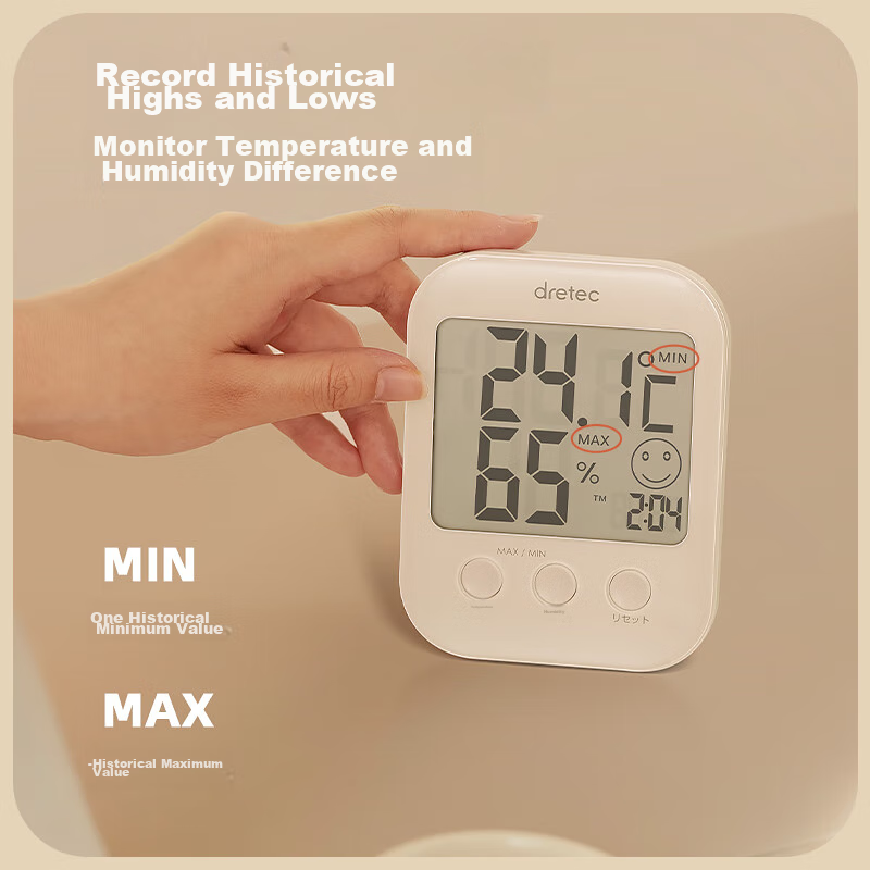 Dretec Japanese Thermometer Hygrometer, High-Precision Temperature And Humidity Meter for Baby Room, Time Version, White O-278