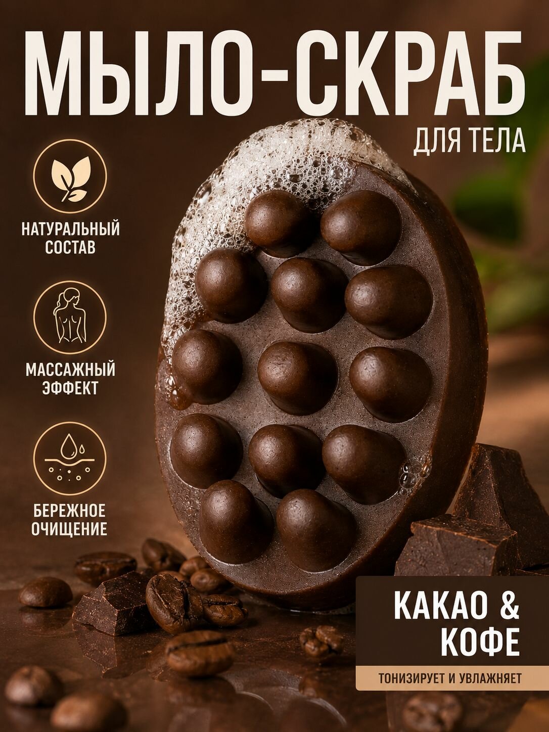 Натуральное массажное мыло-скраб какао И кофе "Энергия" 90г. FABRIK Cosmetology . Очищение, пилинг и увлажнение для всех типов кожи, антицеллюлитный SPA-уход, борется с растяжками, натуральные масла