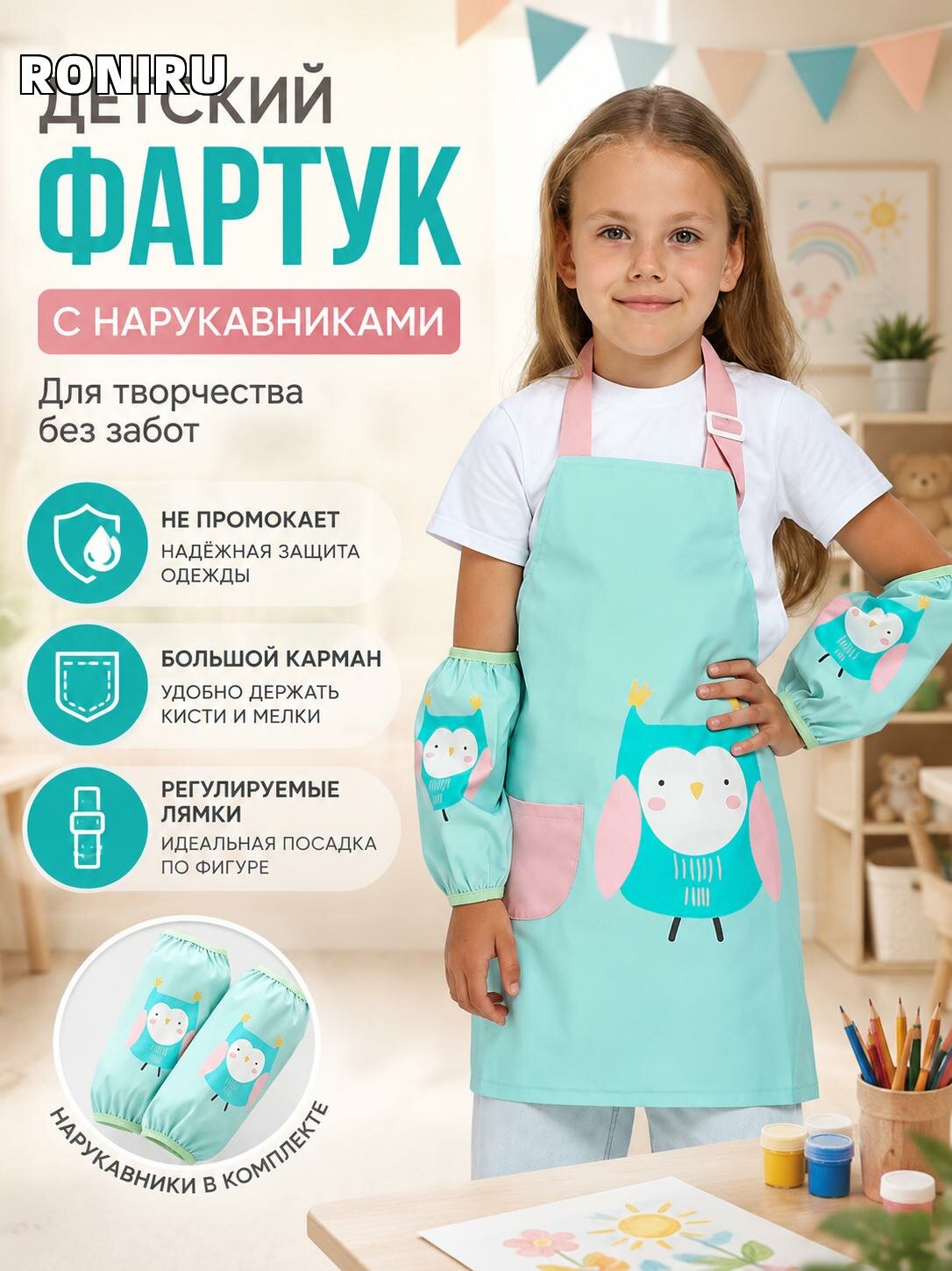 Детский фартук с нарукавниками, защитный передник с регулируемыми лямками и большим карманом для рисования и лепки