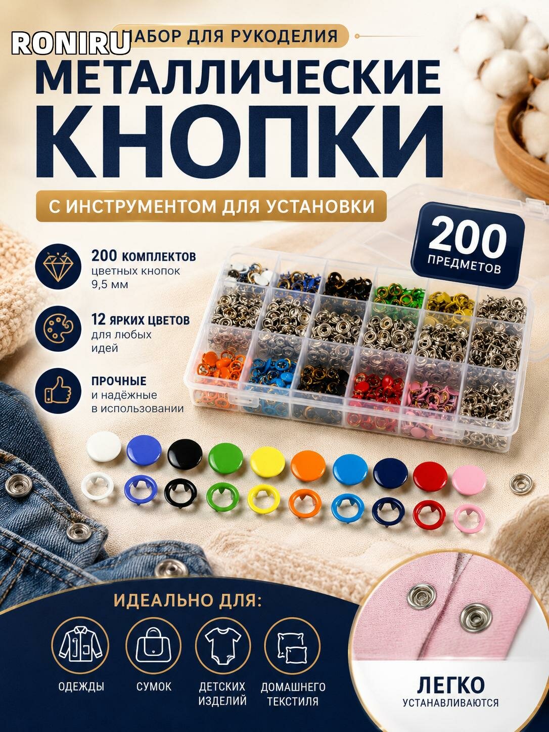 Набор для рукоделия: щипцы для установки кнопок, контейнер и 100/200 цветных металлических кнопок 9,5 мм для одежды