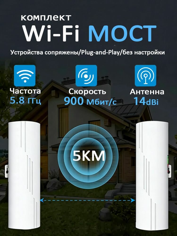 Wi-Fi Мост 5.8 ГГц до 5 км, 867 Мбит/с, Gigabit Ethernet 1000 Мбит/с + 100 Мбит/с