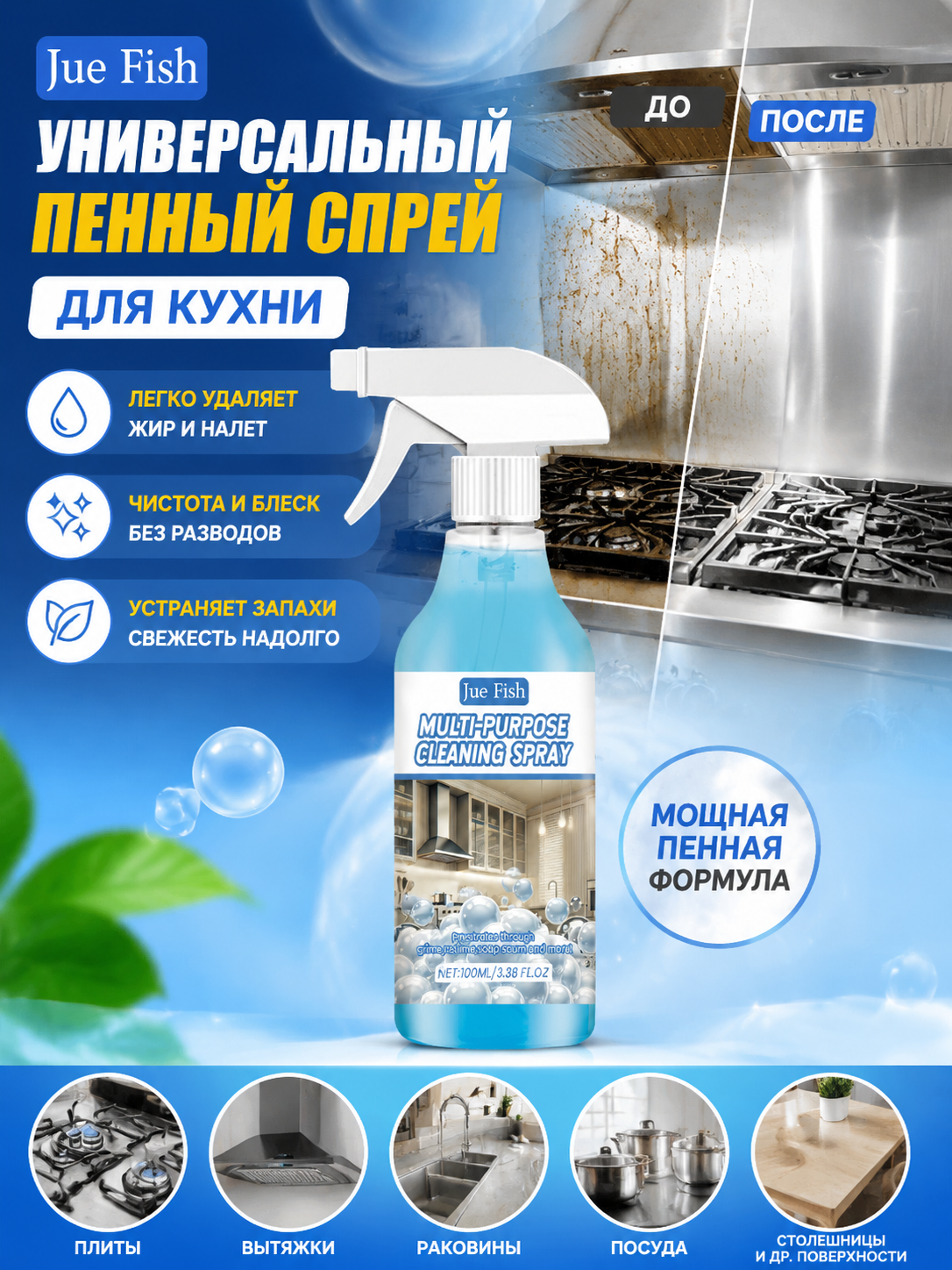Пенное средство для кухни: мощное обезжиривание плит и посуды, удаление запахов и очистка любых поверхностей