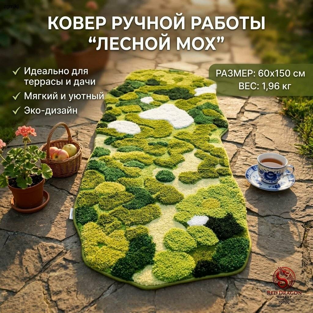 Коврик-мох зелёный флок 60×150 см, 3D ворс, TPR антискользящее