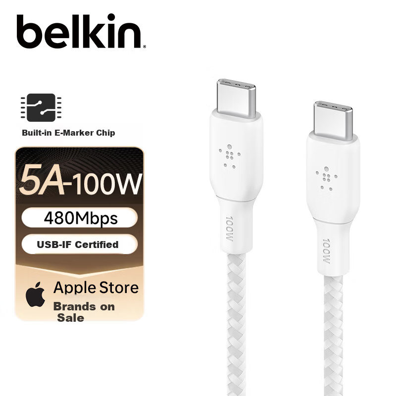 Belkin 100W быстрая зарядка Type-C кабель 2 м плетеный для Apple ноутбуков планшетов Длина：2 метраЦвет：Белый плетеный