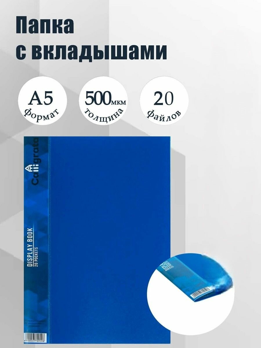 Набор 2 шт. папка с 20 вкладышами А5, 500 мкм, 9 мм, карман на корешке, синяя