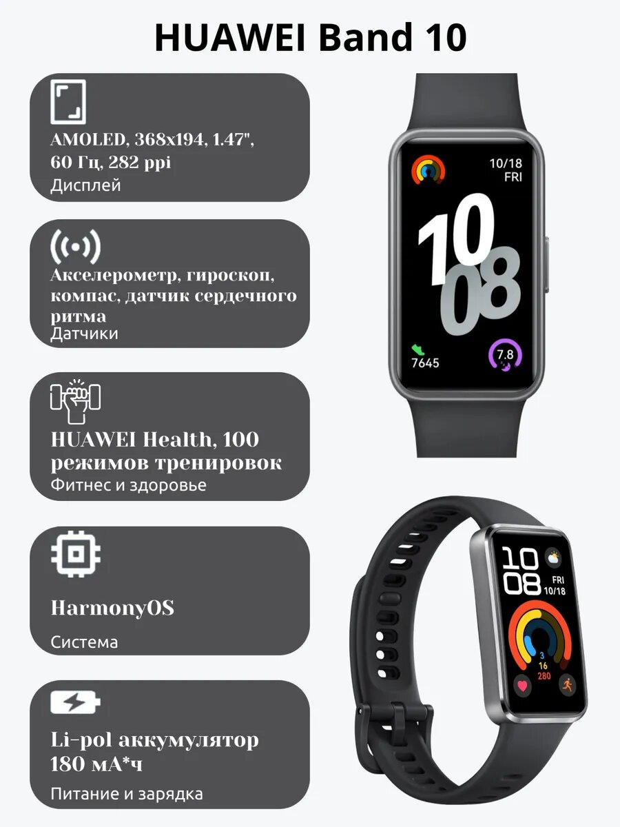 Фитнес-браслет HUAWEI Band 10 Серый Ростест (ЕАС), 1.47" AMOLED