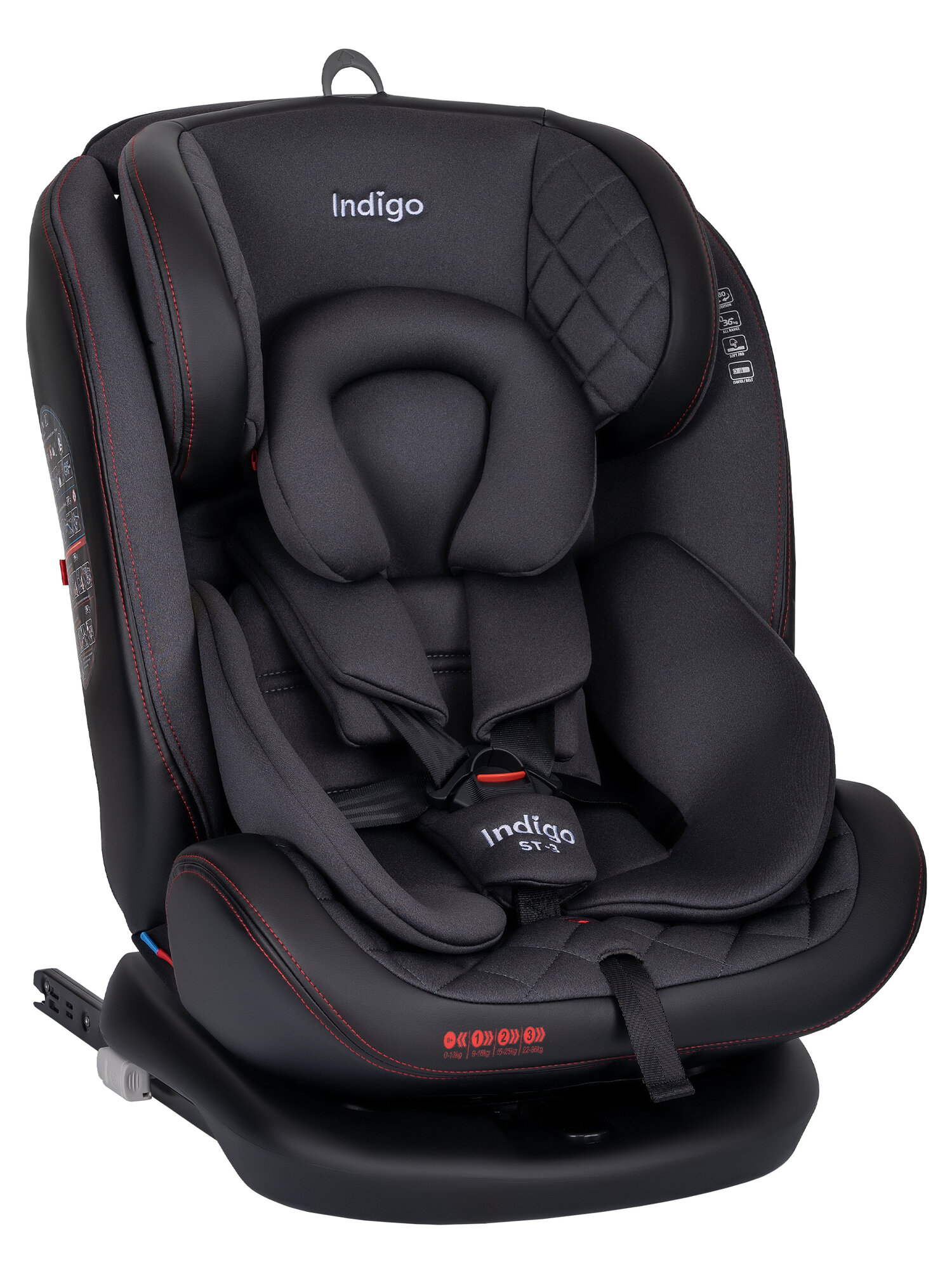 Автокресло Indigo AERO ISOFIX растущее поворотное, 0-36 кг, черный, красный