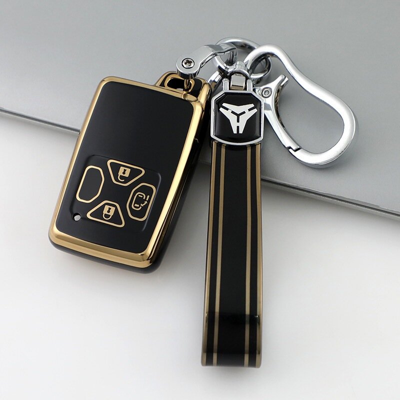 Чехол для ключа для Toyota RAV4, Yaris, Highlander, Camry, Crown, Mark II — 3A, темно-черный, с черным брелоком