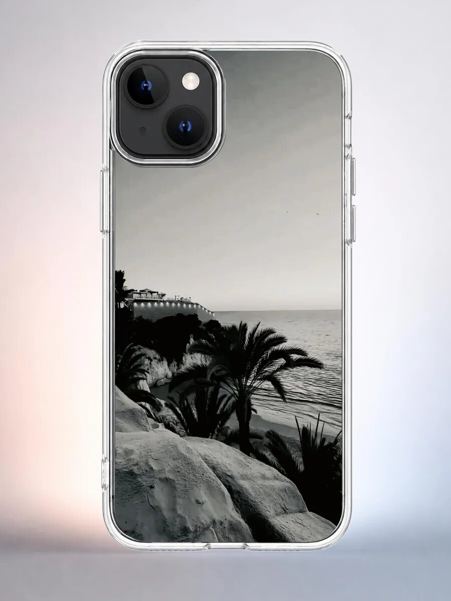 Чехол iPhone 13 скалы и пальмы силиконовый прозрачный