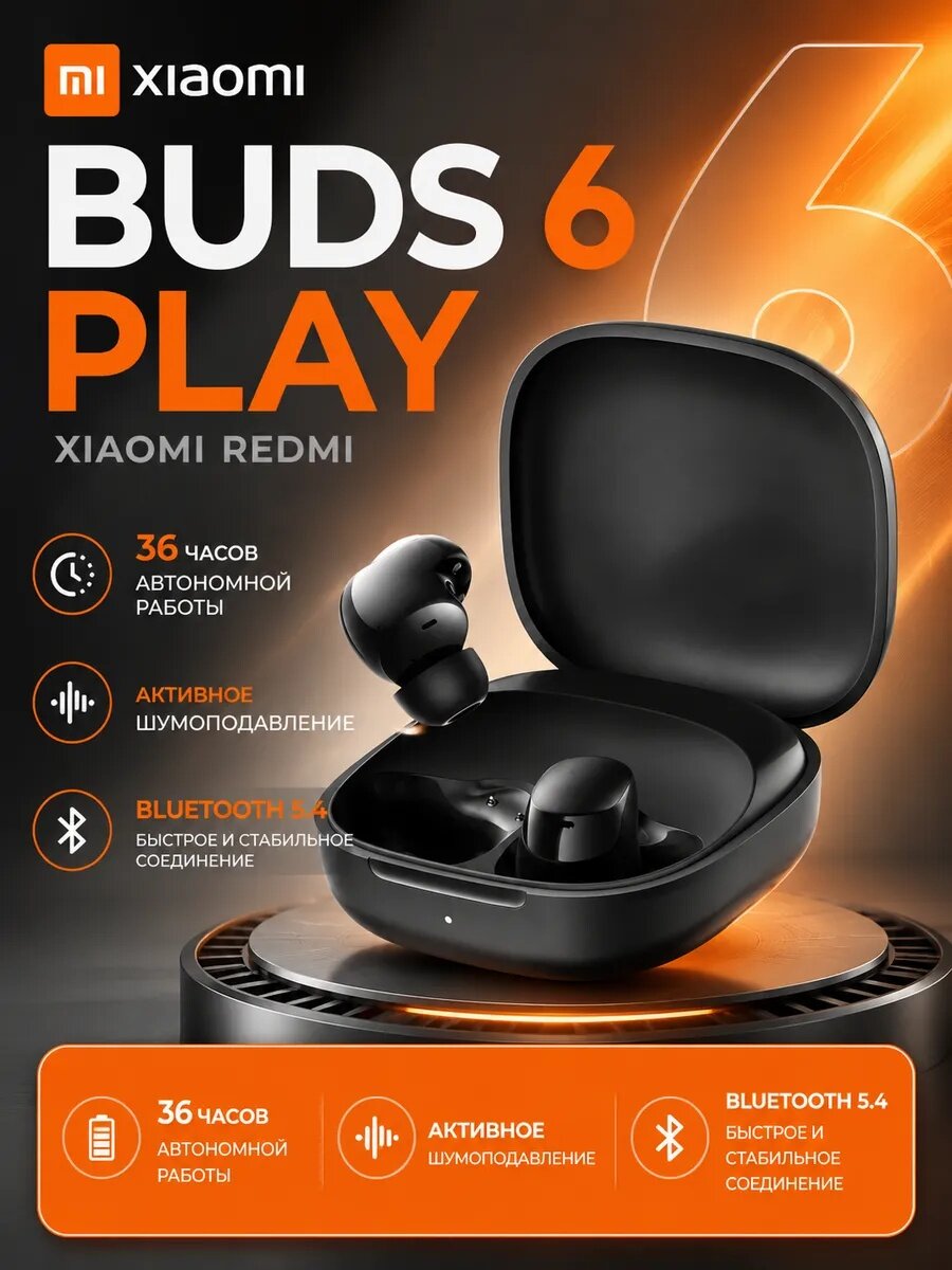 Наушники Xiaomi Redmi Buds 6 Play беспроводные, вкладыши, с микрофоном, TWS, Bluetooth, черный