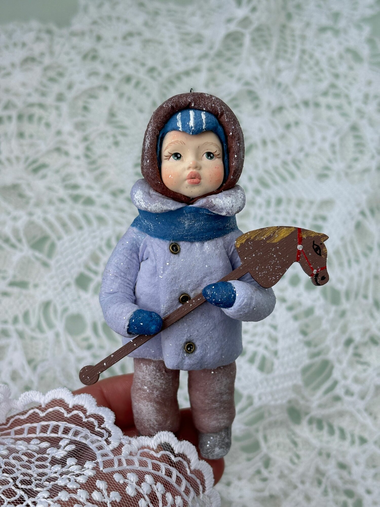 Ватная елочная игруша Мальчик с лошадкой , 12 см