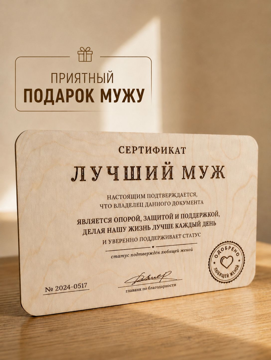 Подарок мужу, сертификат с лазерной гравировкой
