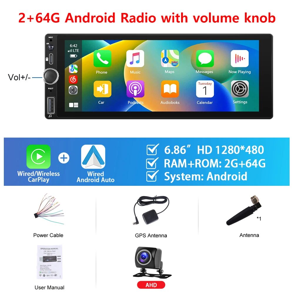 Автомагнитола Podofo, мультимедийный MP5-плеер на Android, экран 6,86 дюйма, 2 64G AHD