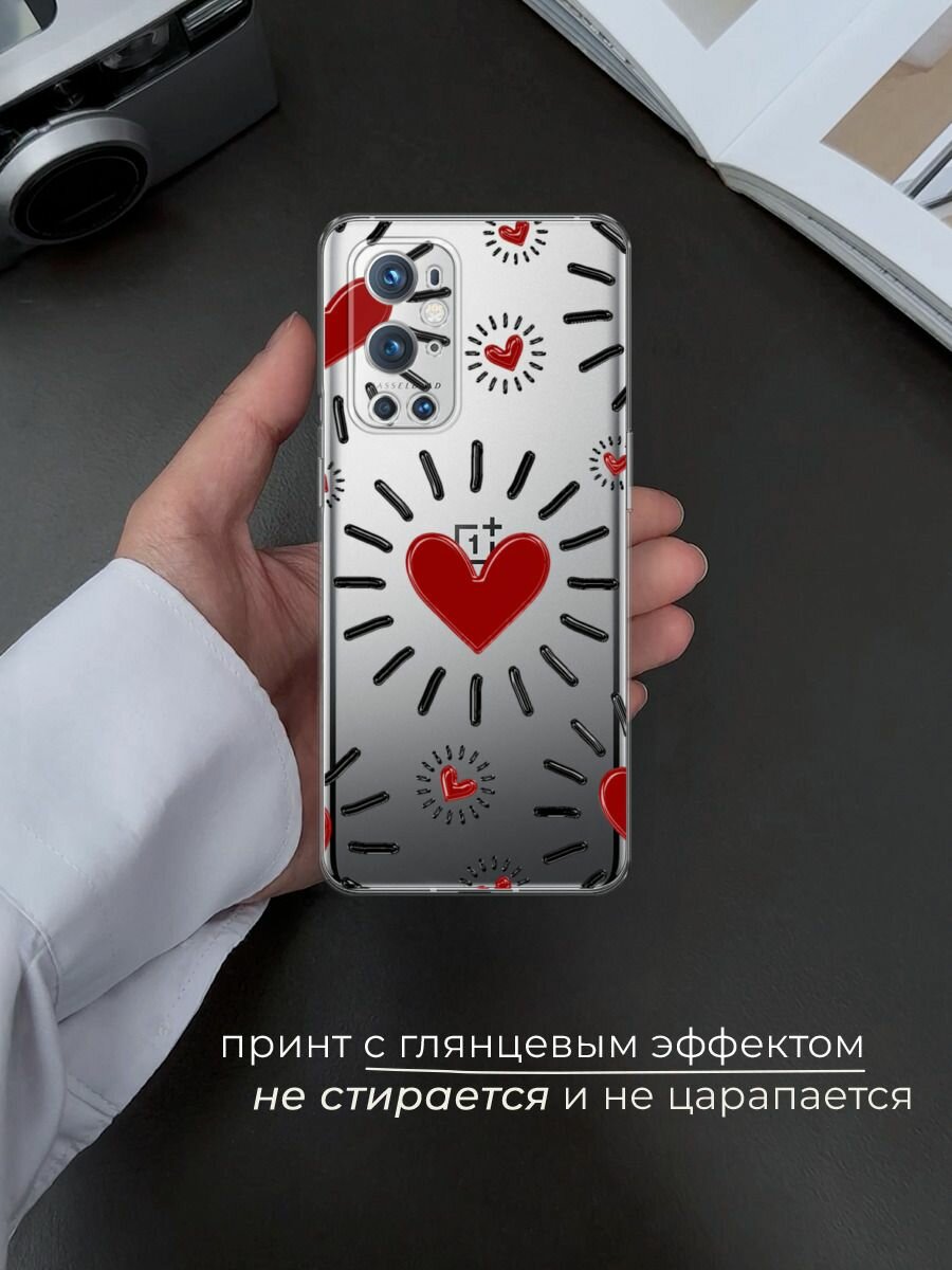 Чехол на OnePlus 9 Pro / ВанПлас 9 Про с принтом "Бордовые сердца паттерн" — фото 1