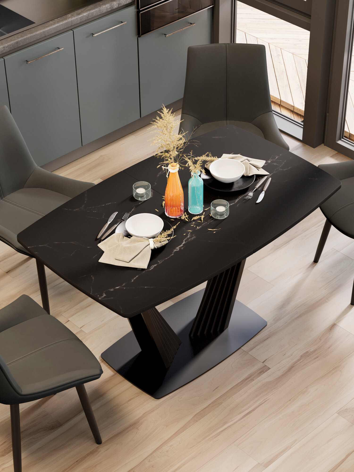 Стол кухонный раздвижной Фабио130х80см. Черный муар/Стекло матовое черный мрамор