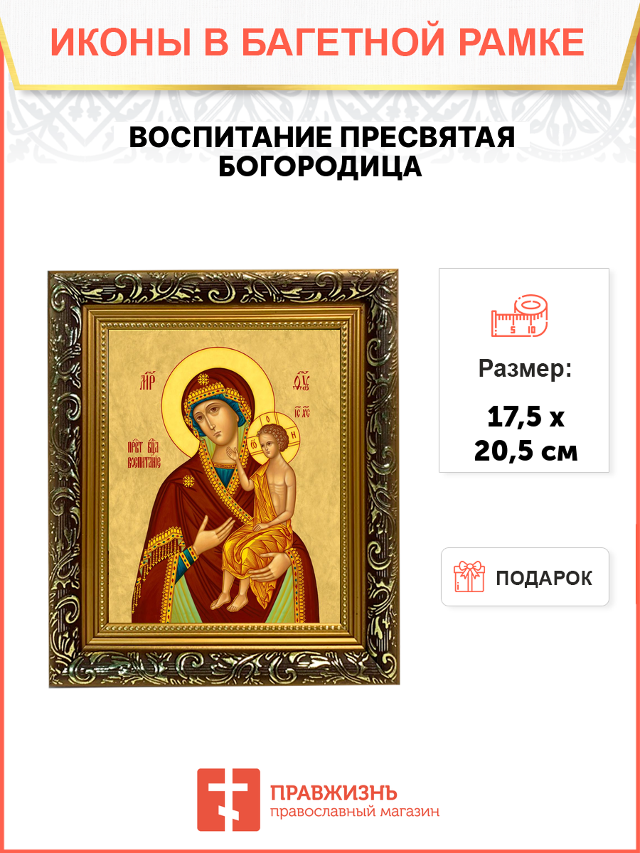 Икона Божией Матери Воспитание, узкая багетная рамка 17,5х20,5х2 см