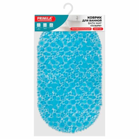 Коврик для ванны противоскользящий 68х37см, "Пузыри", овальный, прозрачно-голубой, ПВХ, PRIMILA, 700381