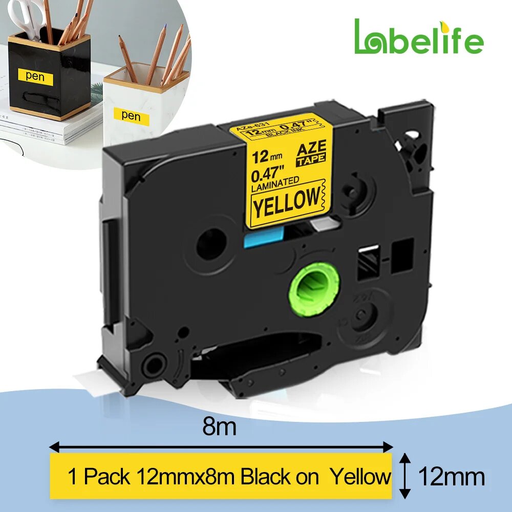 Лента для принтера этикеток Labelife 12mm x 8m, черная на желтой