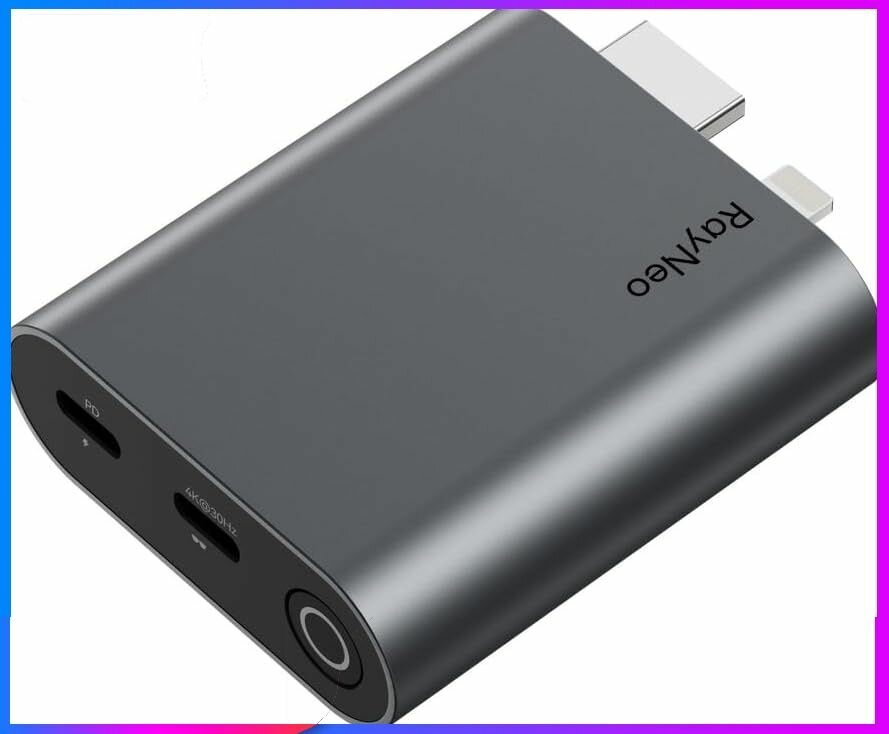 Адаптер HDMI RayNeo для iPhone 14 и более ранних моделей с устройствами Lightning/HDMI, с встроенной батарейкой и функцией "зарядка и воспроизведение", поддерживает видео 1080P@120Гц, 4K@30Гц.