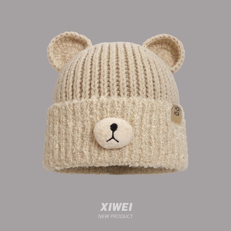 Осенне-зимняя тонкая и теплая шерстяная шапка с милыми медвежьими ушками для женщин, утолщенная защита ушей с завивками, шапка Lei Feng, вязаная шапка