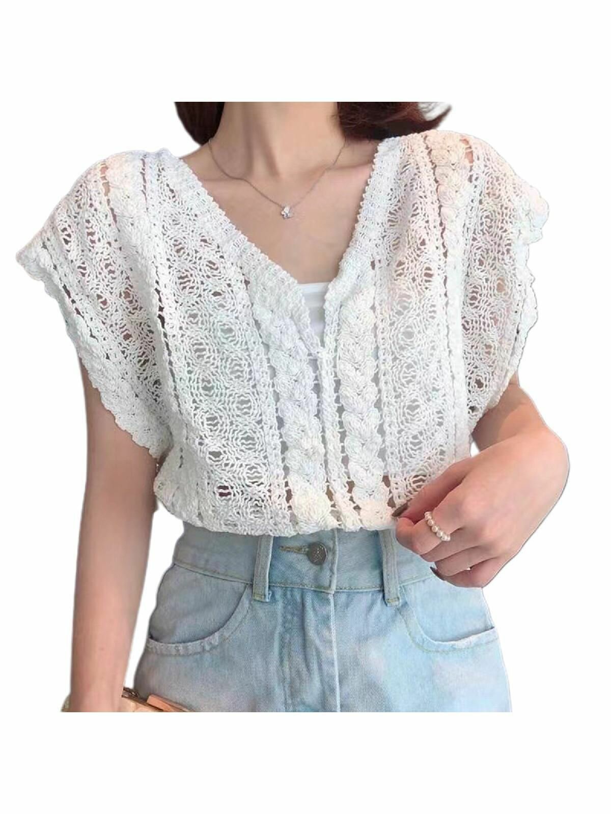 Летний вязаный топ с v-образным вырезом, Белый