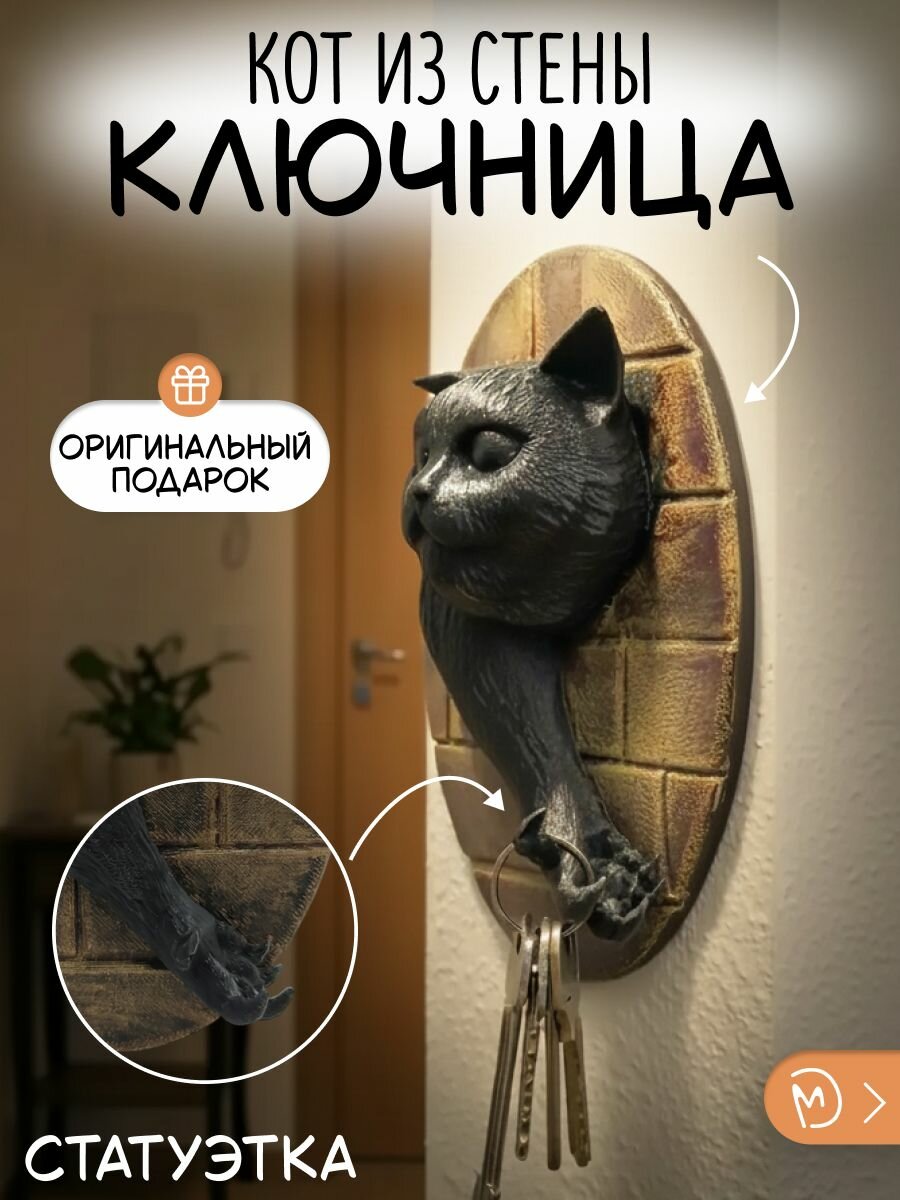 Статуэтка барельеф - Кот из стены , крючок- ключница