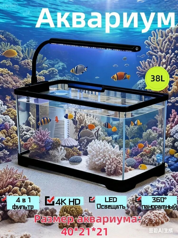 Аквариум для рыбок с подсветкой и фильтром, Панорамный 4k, черное-40*21*21cm