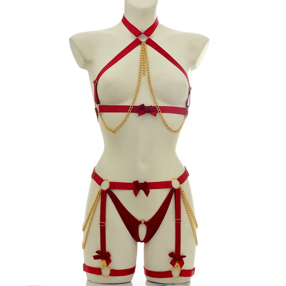 Женский открытый бюстгальтер с бантом, Комплект эротического нижнего белья с Красный, O0915-P0292