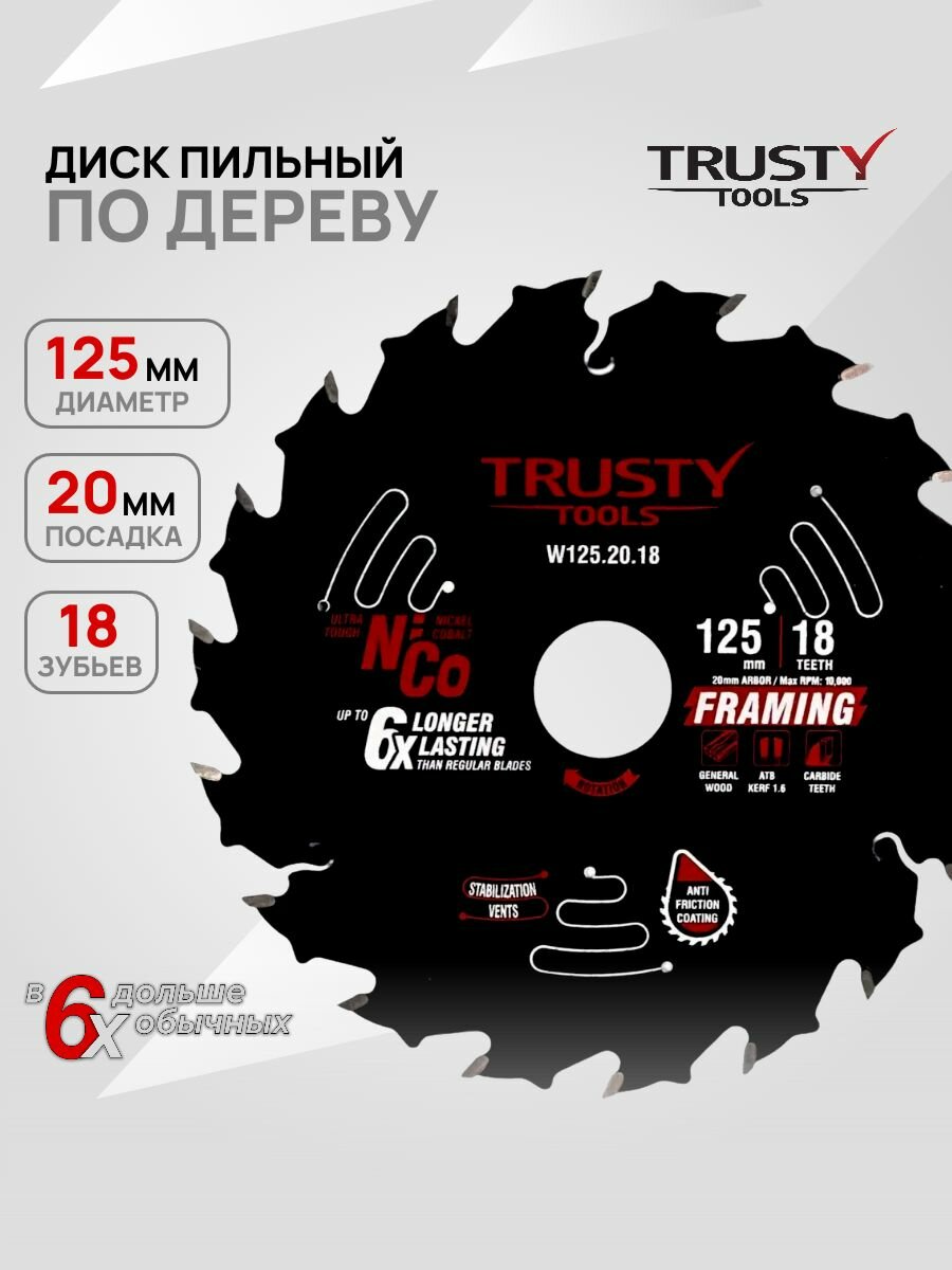Пильный диск по дереву 125Х1,6/1,1Х20 мм Z18 Trusty-Tools Framing для циркулярной мини-пилы тефлоновое покрытие