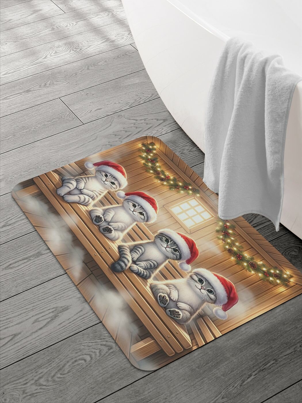 Коврик для ванной и туалета "Новогодние коты в бане" 58x38 см, JoyArty, серия Новый год и Рождество