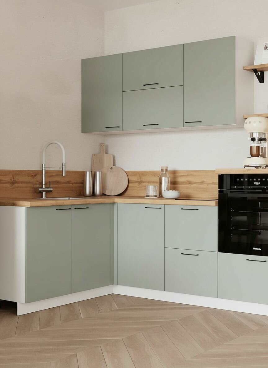 ARNIKA Кухонный гарнитур со столешницей "Дакия" угловой 1,5м*2,1м (без пм) цвет олива (зеленый), фасад Эмаль