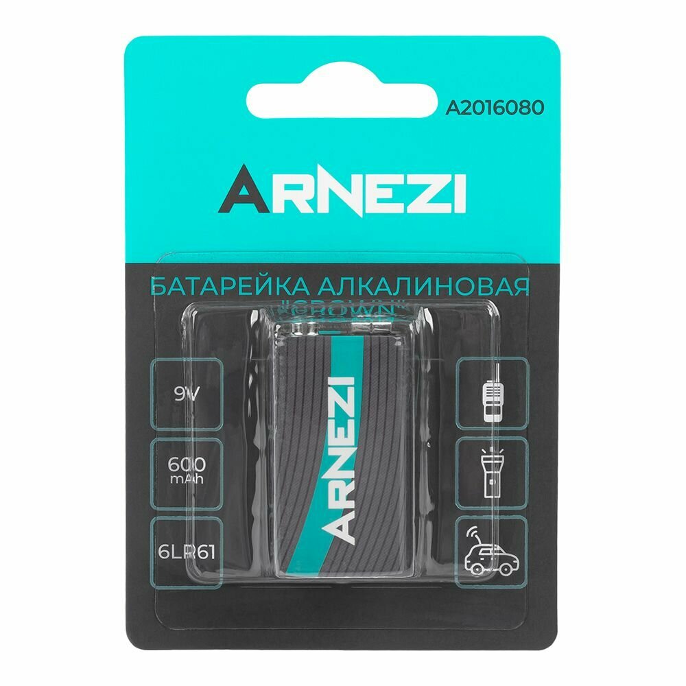 Батарейка пальчиковая алкалиновая крона Crown 6LR61 600mAh 9V (1 шт) A2016080 ARNEZI