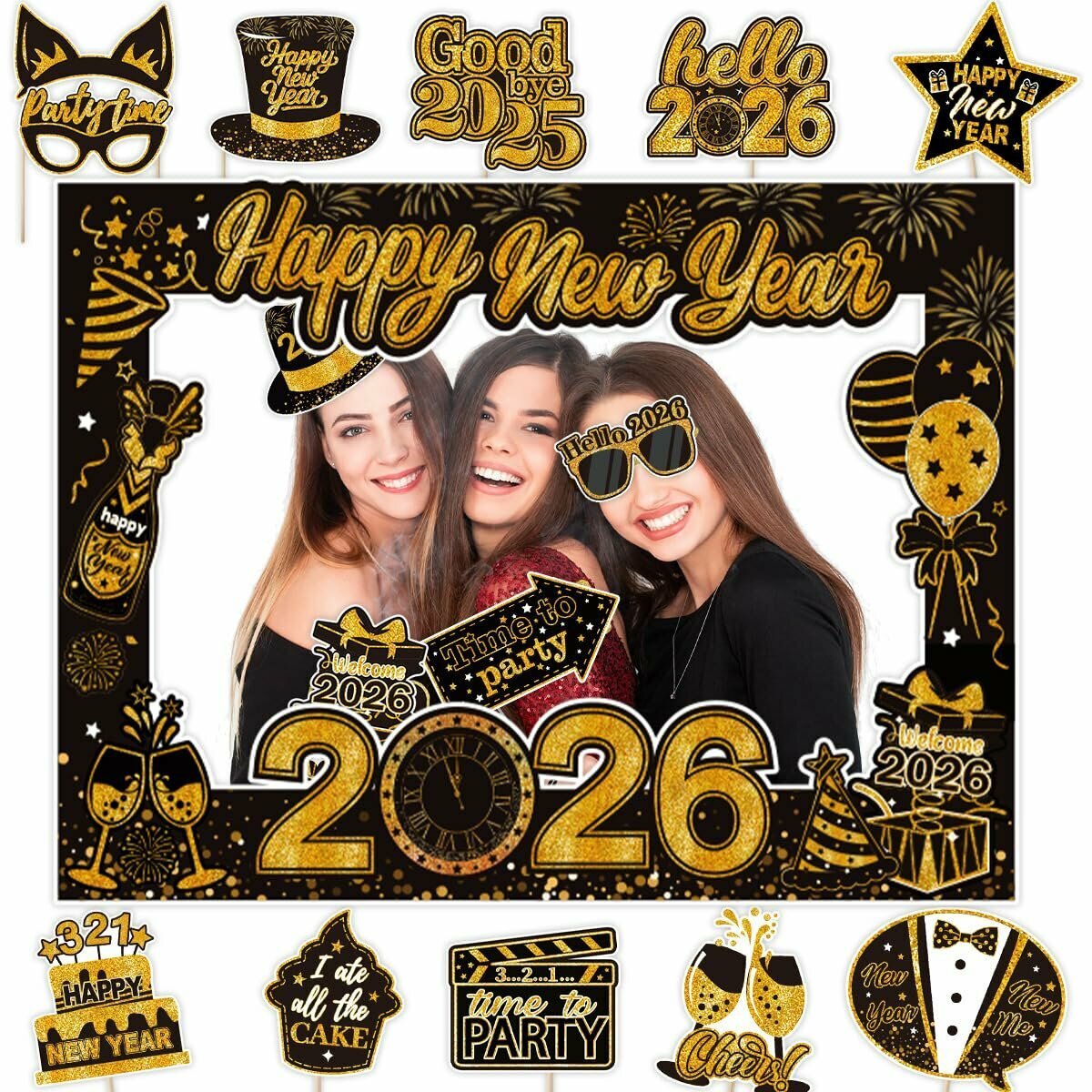 Декорации Нового года 2026, аксессуары для фотобудки Новогодней ночи, рамка для селфи вечеринки Нового года 2026 и фоток аксессуары для праздничных декораций Nye, 31 пксы, цвет как на рисунке, материал бумага