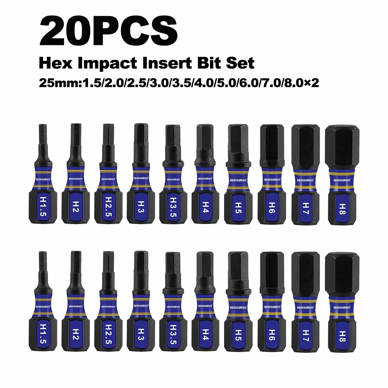 Набор бит Geinxurn с шестигранной головкой, 1 дюйм, набор бит из стали с шестигранной отверткой S2 с держателем бит 3/6 дюймов