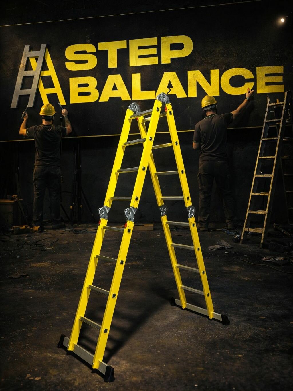 Желтая Лестница трансформер Усиленный стремянка 4х4 STEP BALANCE, высота 4,5 м. Желтая. Подарок на новый год