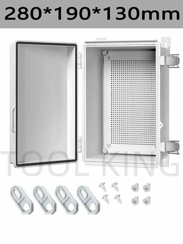 ABS Электрическая коробка, Водонепроницаемая прозрачная крышка IP67, Распределительная коробка с защелкой из нержавеющей стали, Настенные кронштейны, Кабельные вводы,280x190x130 мм