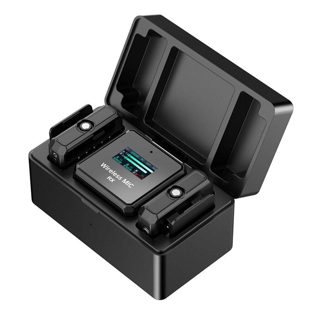 Беспроводная лавальерная микрофонная система 2,4 ГГц, зажимной микрофон, радиус передачи 100 м, шумоподавление с приемником + 2 передатчика + зарядный блок с TFT экраном + 3 адаптерных кабеля совместимые.