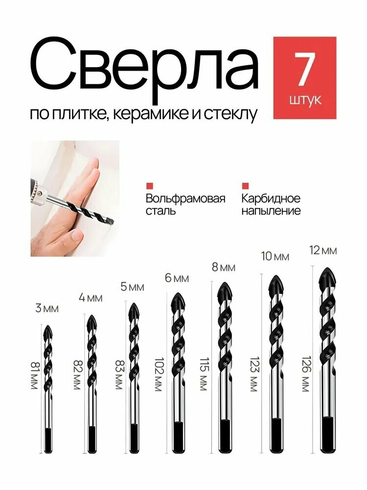 Свёрла по плитке, керамограниту, керамике набор из 7 шт