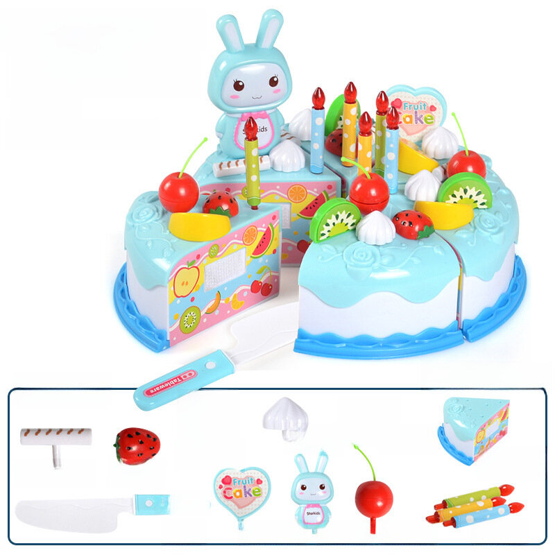 Игровой набор для детей Нарезка и игра в домик с днем рождения торт Фруктовый торт Нарезка и Смотри Сборные игрушки ([EXPRESS box] мятно-голубой-37 детальный набор 214г)